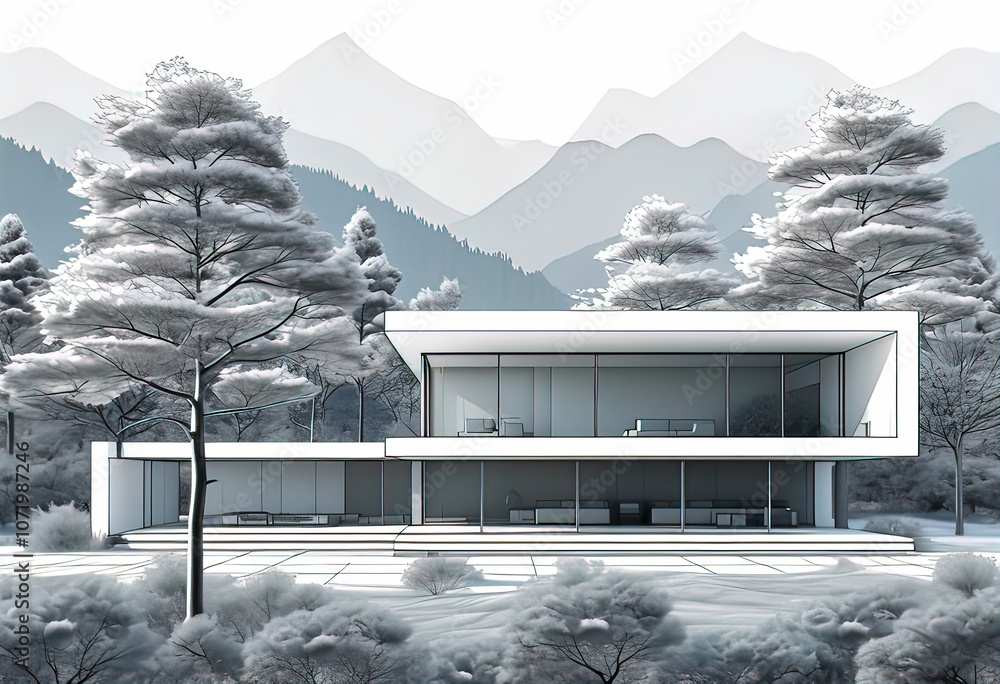 Architectural drawings, building and tree line drawing in minimalist ...