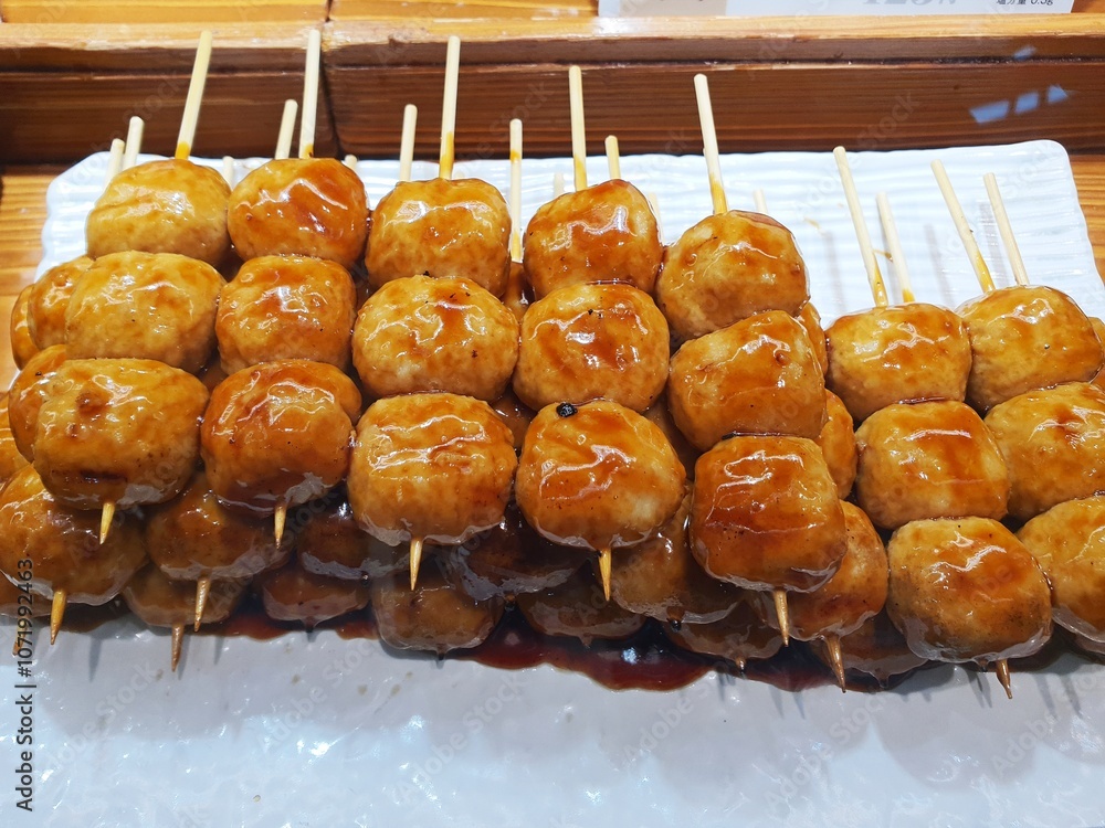Japan Mitarashi-dango. Mitarashi-dango are traditional Japanese rice ...