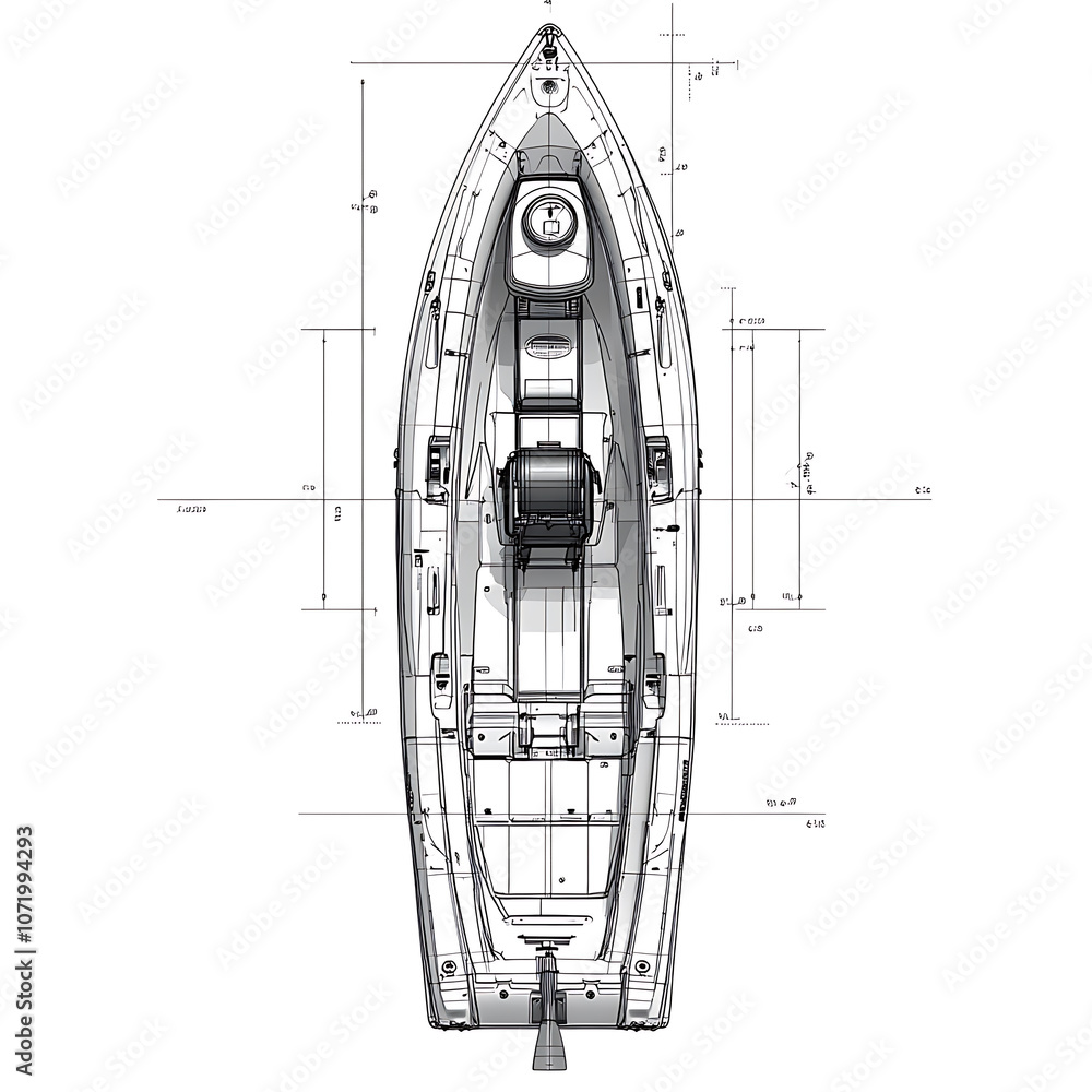 detailed top view technical sketch of boat, showcasing dimensions and ...
