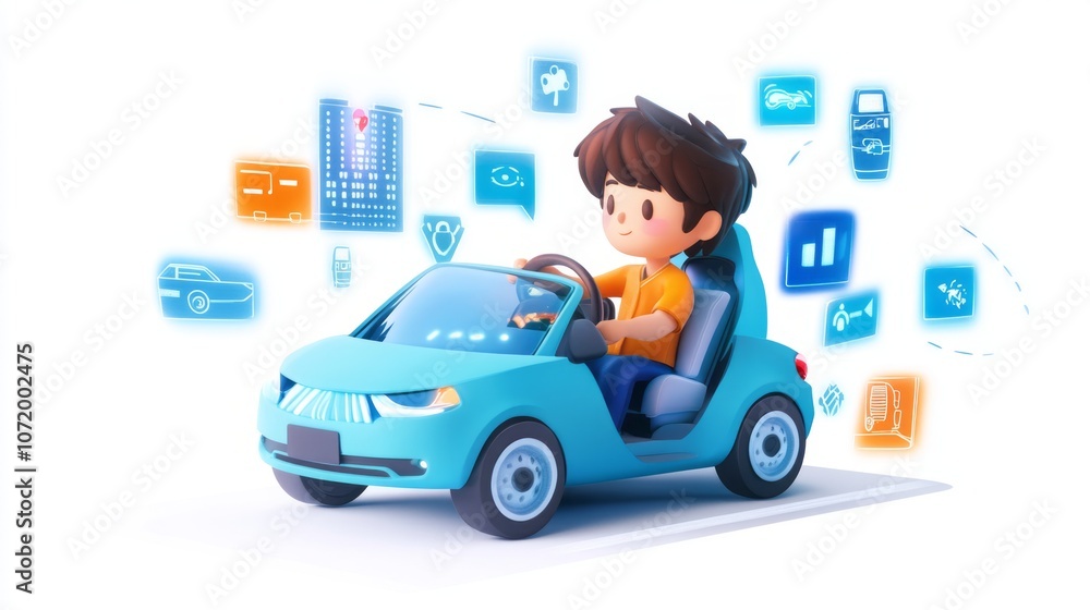 A chibi city driving tester sitting in a car simulator, with a steering ...