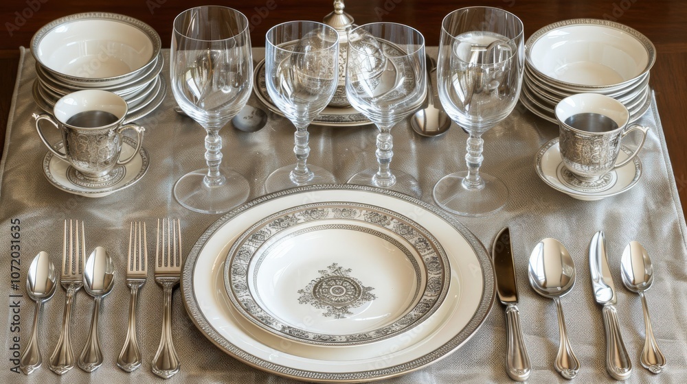 Opulent dinnerware setup with intricately designed plates, silverware ...