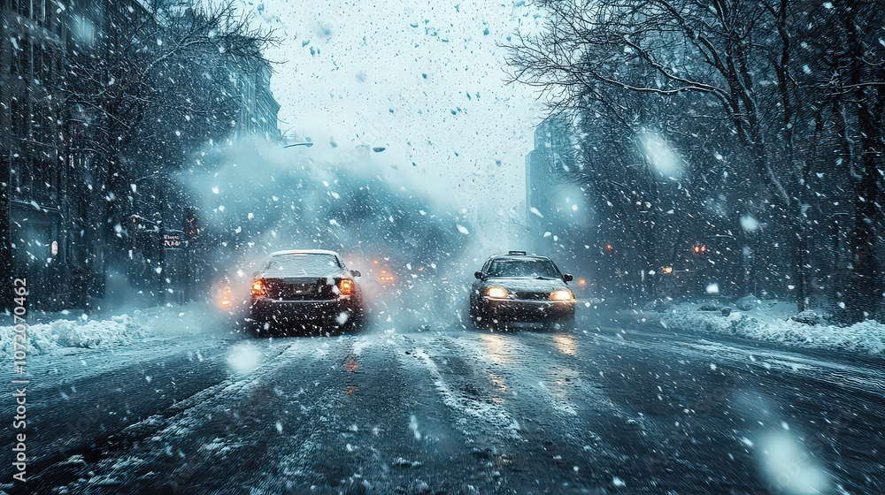Vibrant extreme weather scenes collection: blizzard blanketing a forest ...