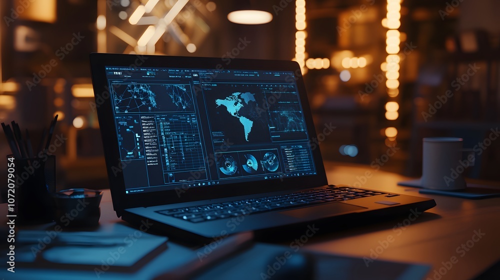 A 3D command laptop on a desk with 2D icons for satellite images and ...