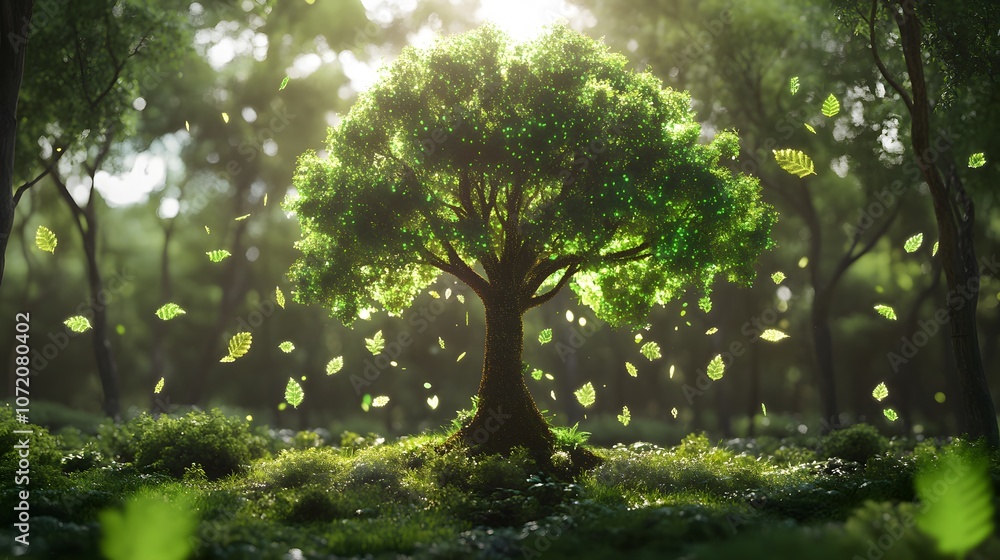 A 3D-rendered tree in a lush forest with floating 2D icons of leaves ...