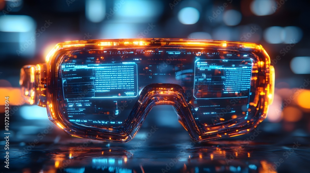 Futuristic AR glasses displaying a holographic HUD with neon blue interfaces, floating data ...
