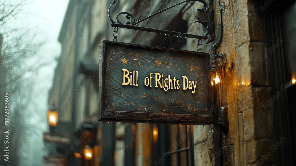Vintage Bill of Rights Day Sign on Historic Street, Honoring American ...