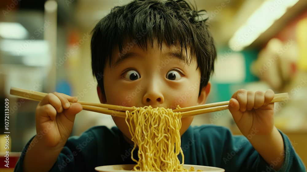 photo of cute little asian kid eating ramen noodles, chinese or ...