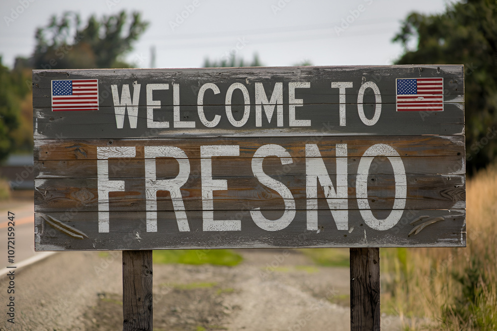 Stylish wooden "Welcome to Fresno" sign, perfect for US city entrance ...