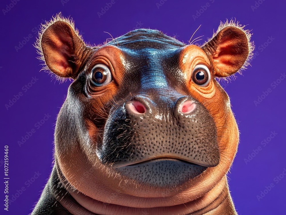 Cute baby hippo with a funny shocked face, ears perked up and wide eyes ...