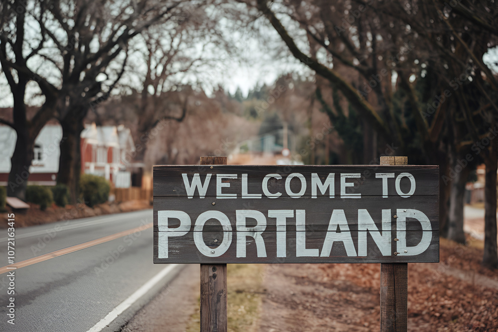 Foto de Stock Stylish wooden "Welcome to Portland" sign, ideal for US ...