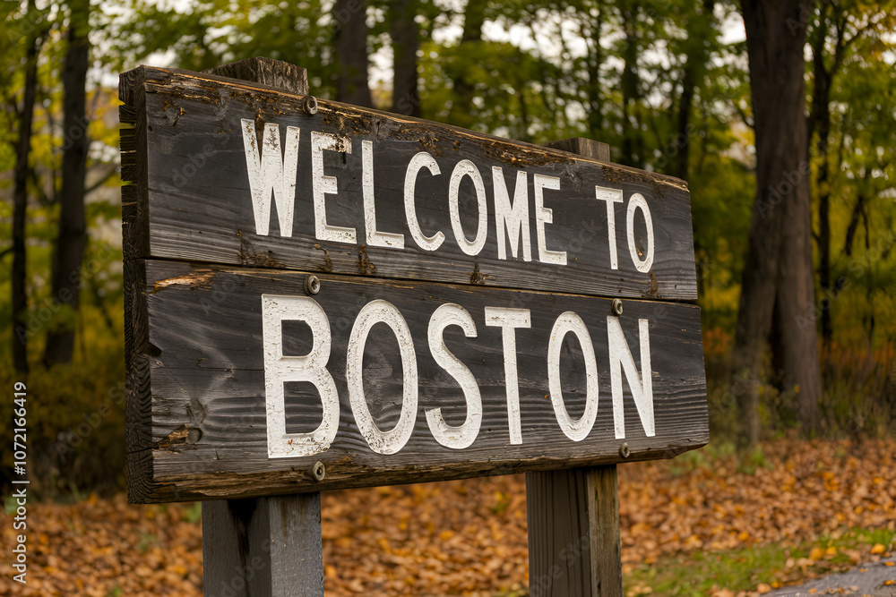 Beautiful wooden "Welcome to Boston" sign, perfect for US city entrance ...