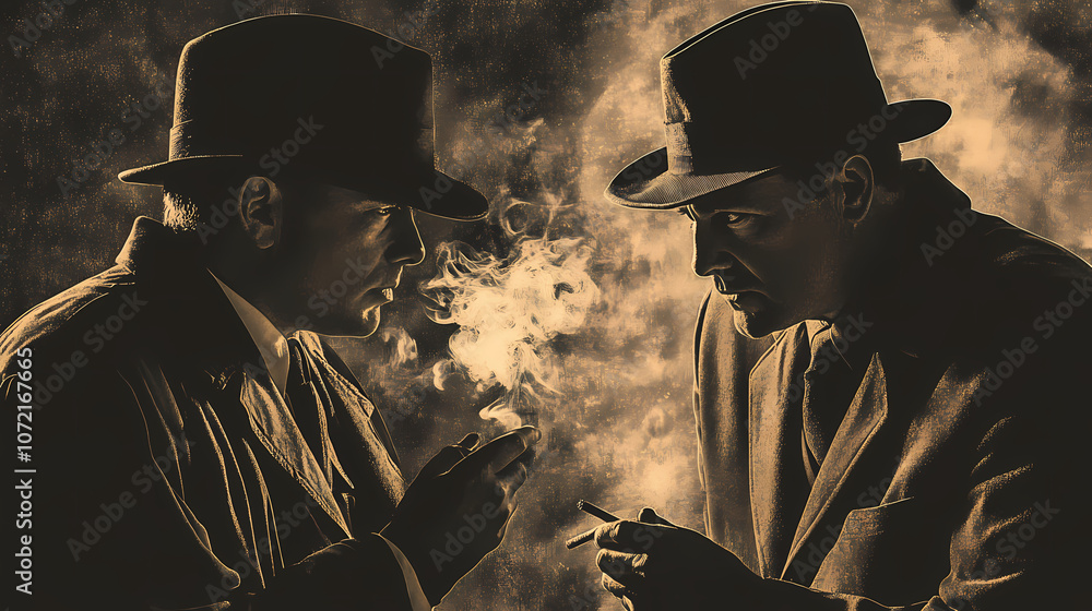 Vintage noir scene, detective in fedora and trench coat interrogating a ...
