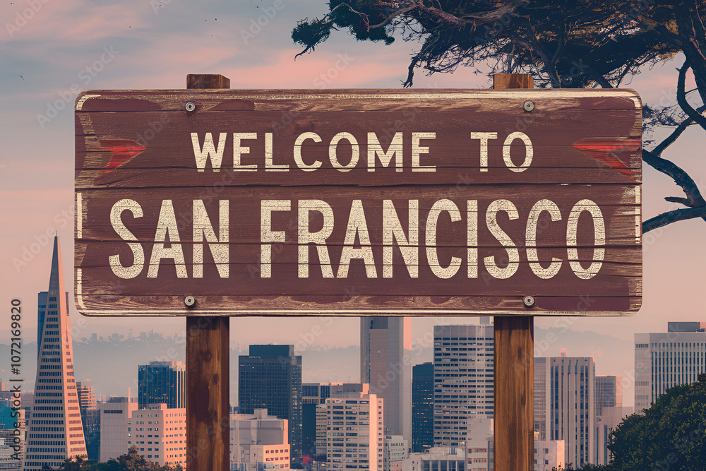 Elegant wooden "Welcome to San Francisco" sign, ideal for US city ...