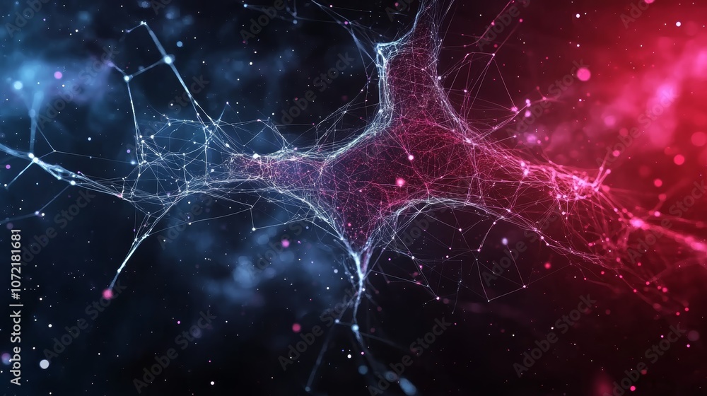 Complex neural network, a visualization of interconnected neurons, transmitting signals and ...