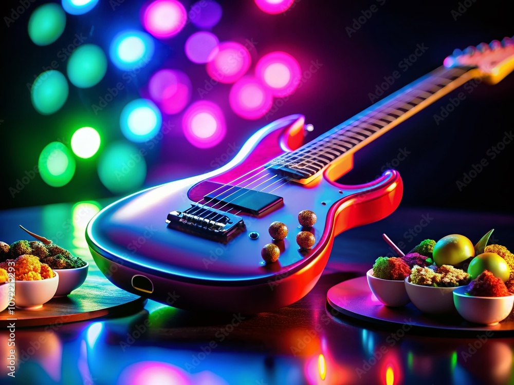 Electric Guitar Against a Black Background with Neon Highlights ...