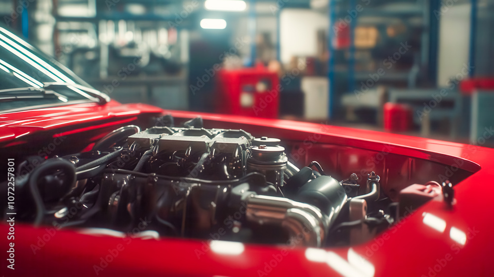 Explore the power and precision of a red sports car engine in close-up ...