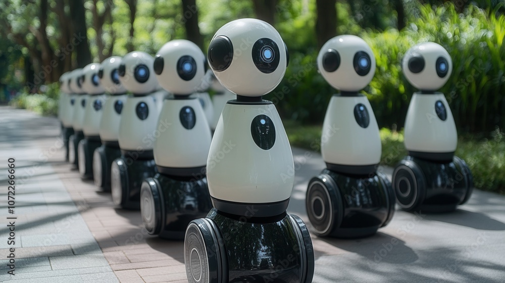 A group of friendly robots lined up in a lush park, showcasing the ...