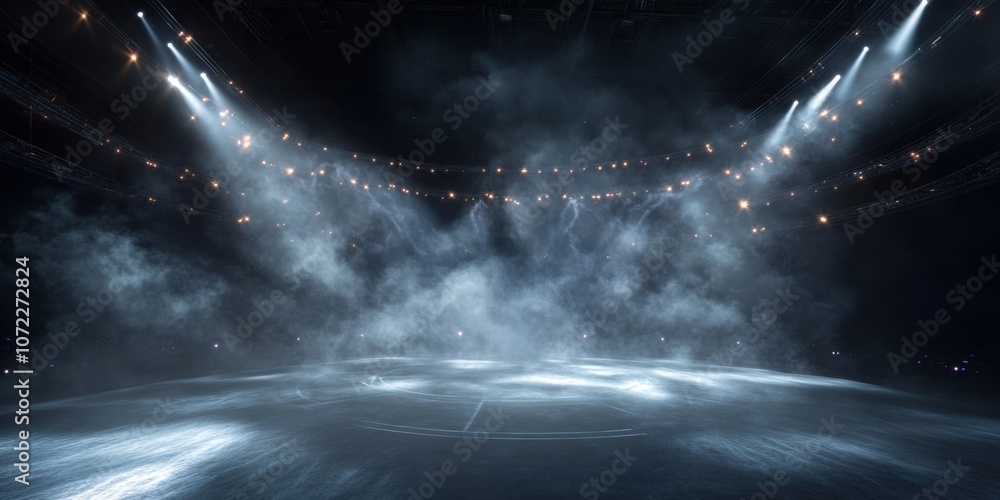 Dynamic orbital perspective of swirling smoke on arena stage, stadium ...