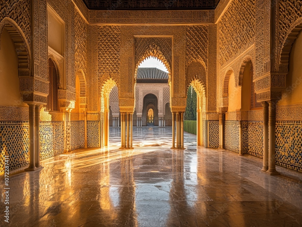 Ornate interior of a historic moroccan palace with intricate arches and ...