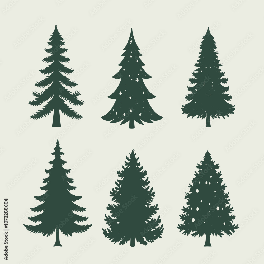 six different types of Christmas trees. All the trees are green in ...