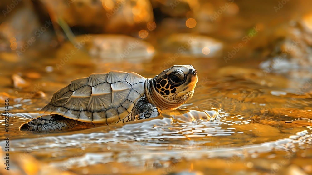 Baby turtle swimming in golden sunlit water, close-up view showing ...