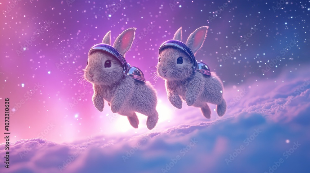 Whimsical Bunnies in Space: Dawn Hop Across Starry Surface with ...