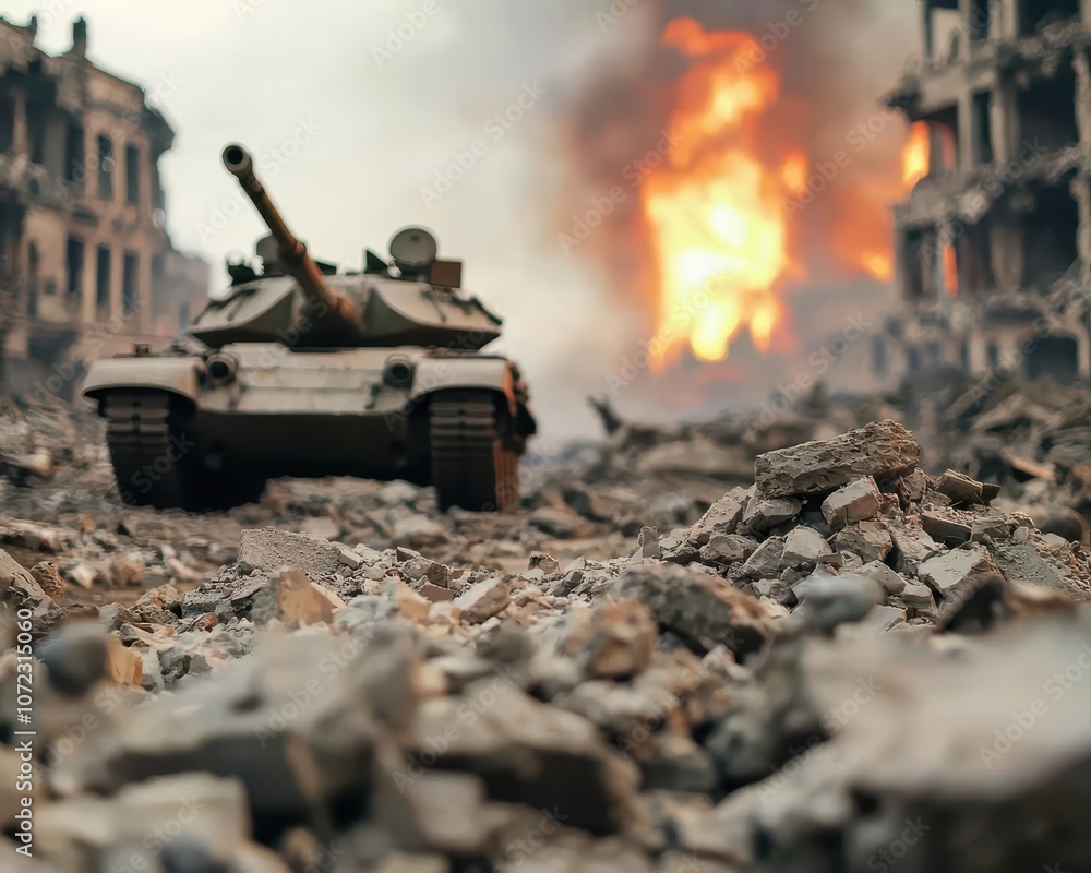 Soviet forces clearing rubble in a destroyed city, tanks and artillery ...
