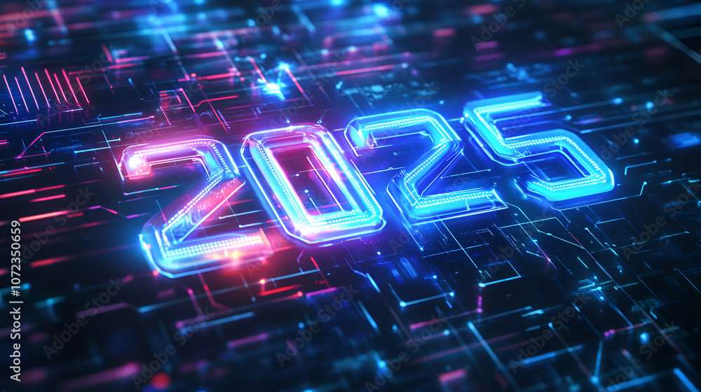 2025 wallpaper featuring neon blue tech patterns and holographic ...