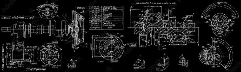 Crankshaft with flywheel and clutch of cargo vehicle. Engineering ...