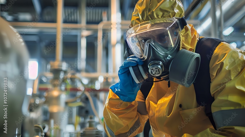 A professional in yellow hazmat suit and gas mask performing critical ...