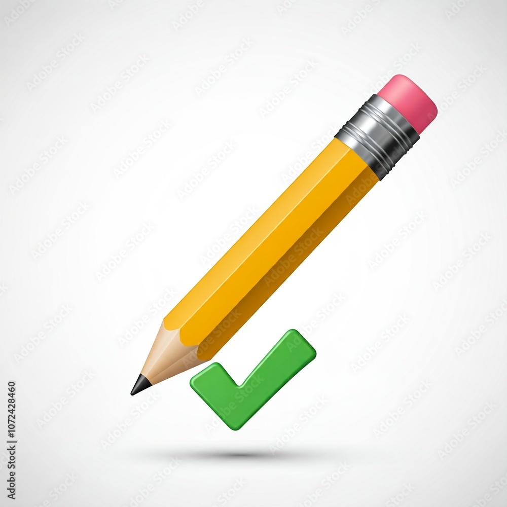 3D Pencil Icon Lying Diagonally with Green Check Mark Next to Eraser ...