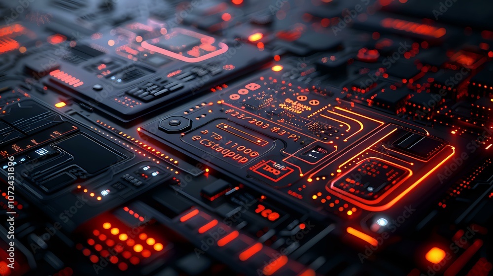 Futuristic circuit board with glowing red neon traces and electronic ...