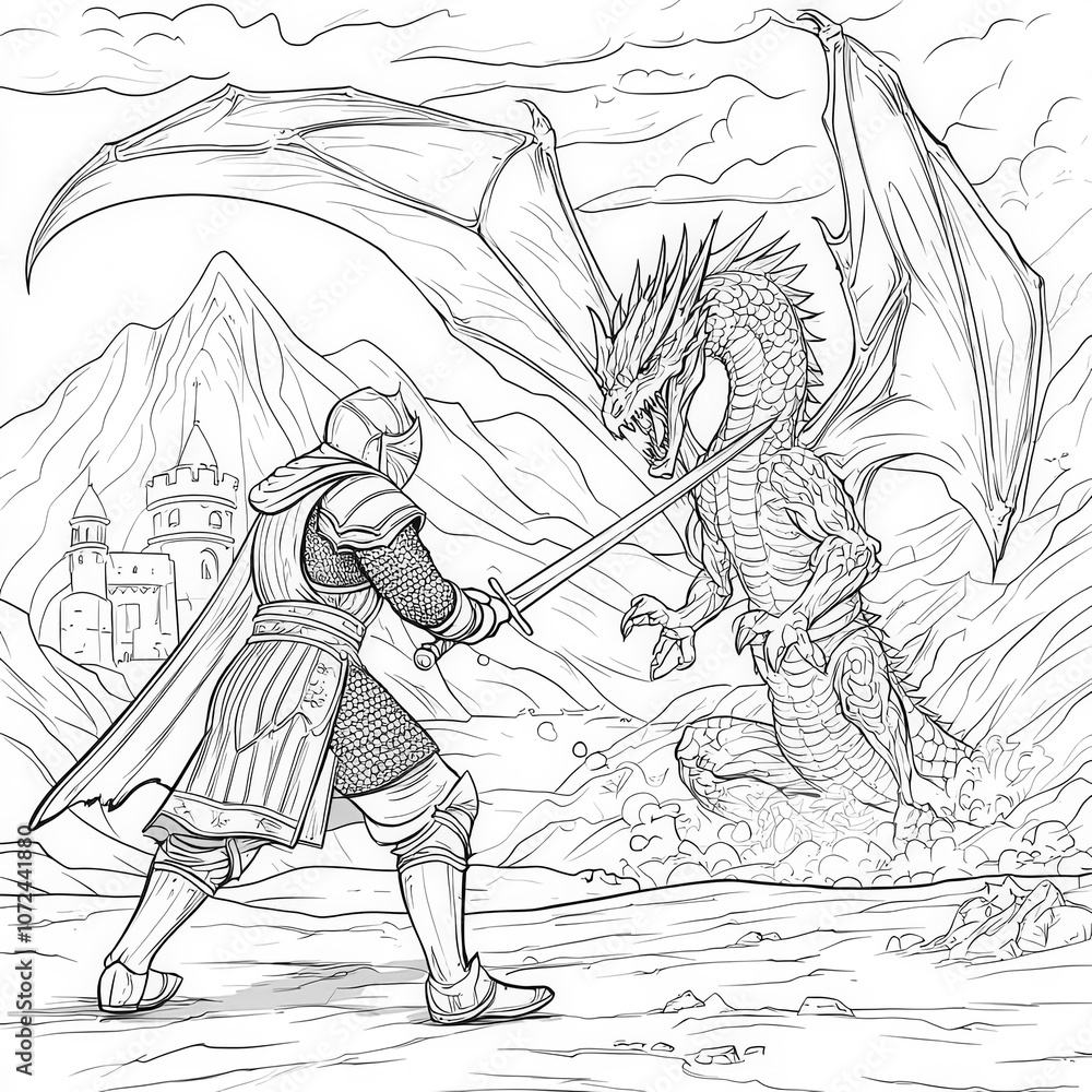 A medieval knight battling a dragon, coloring page for kids, simple ...