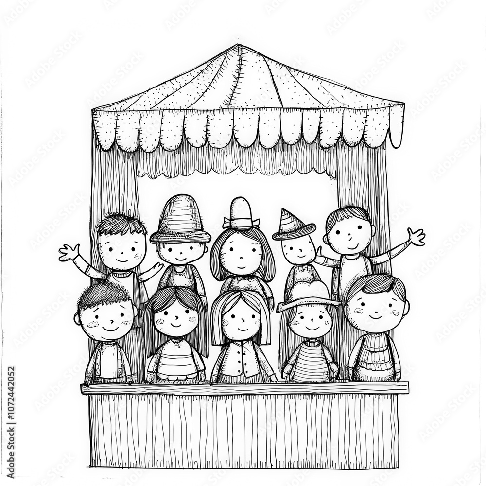 A whimsical puppet show with fun characters, coloring page for kids ...
