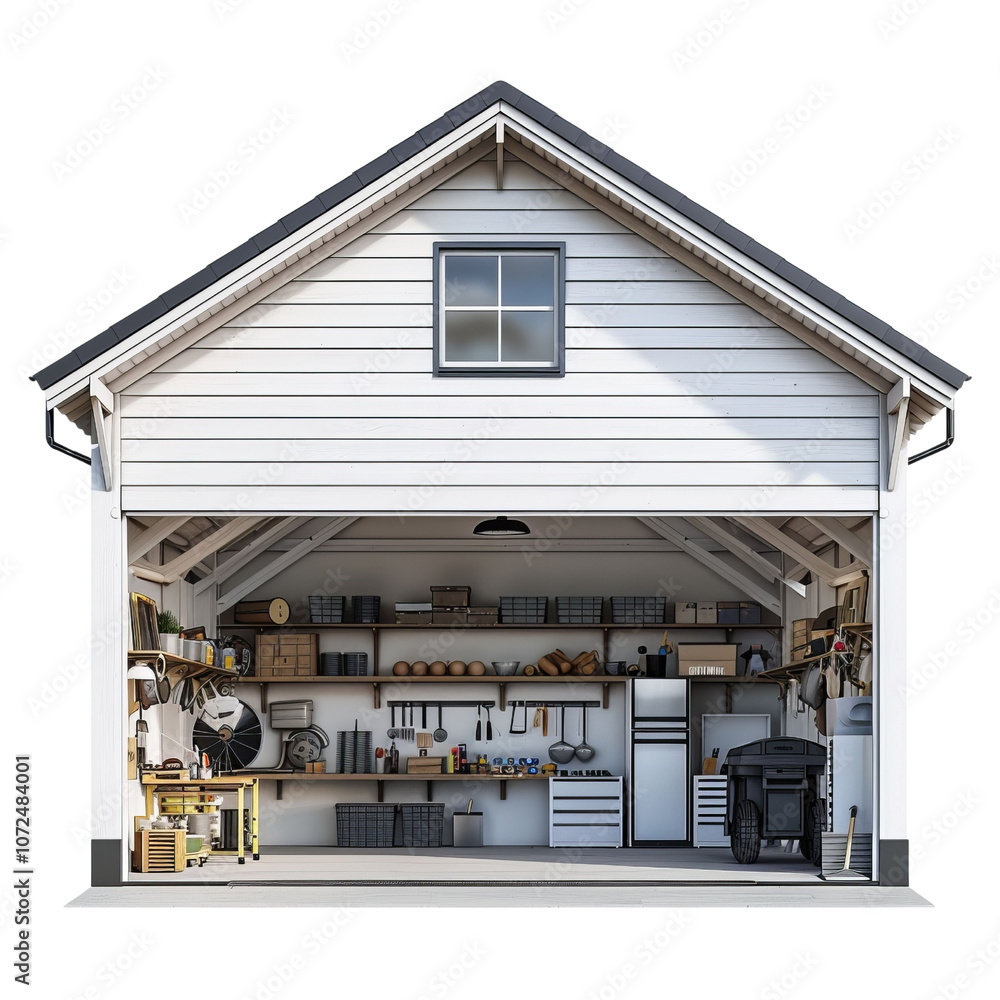 Detached garage with organized tools and workspace inside, isolated on ...