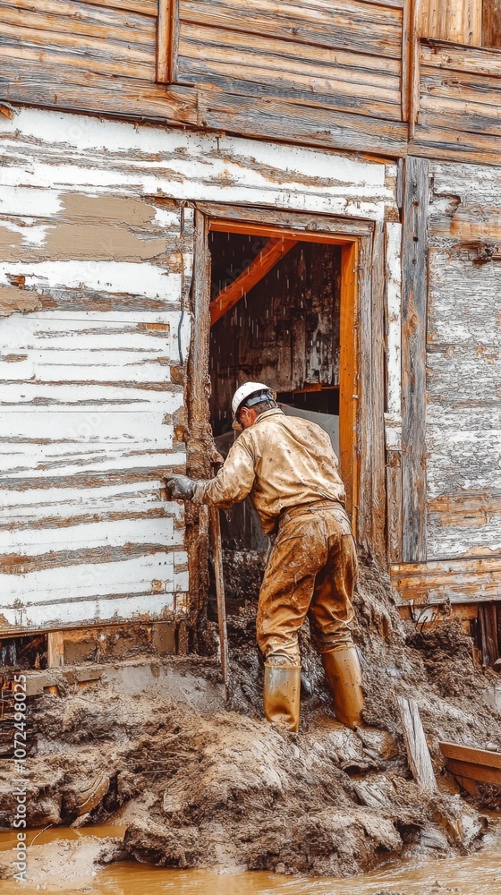 Flood-damaged house restoration construction worker removing ...