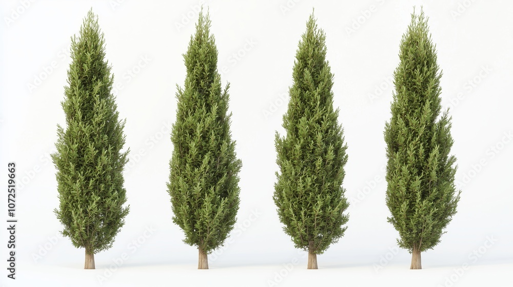 Collection of four conical cypress trees with dense green foliage on ...