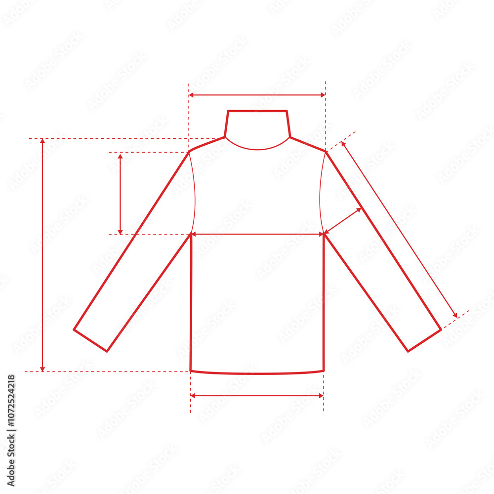 Turtleneck T-Shirt Technical Drawing with Measurement Points and Size ...