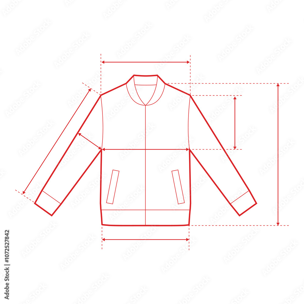 Bomber Jacket Technical Drawing with Measurement Points and Size Chart ...