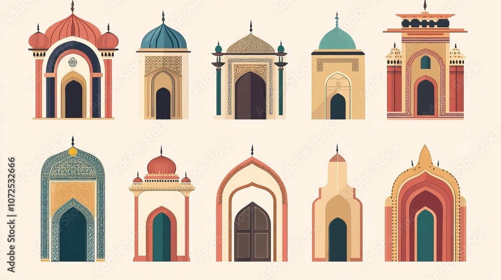 Flat vector icons of mosque gates doors and windows in an oriental ...