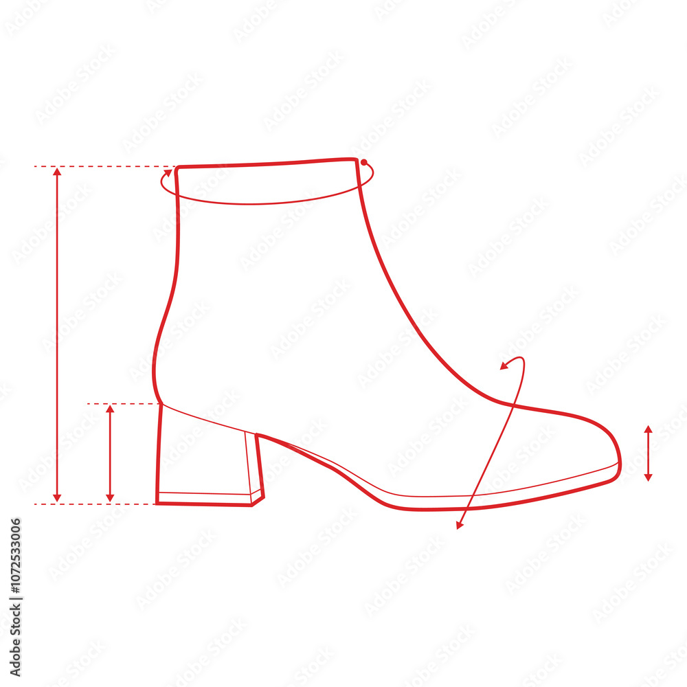Ankle Boots Technical Drawing with Measurement Points and Size Chart ...