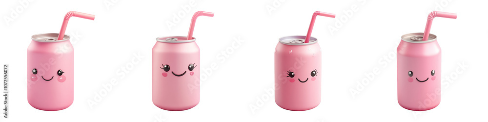 Collection of Pink Soda Cans with Smiling Faces isolated on transparent ...