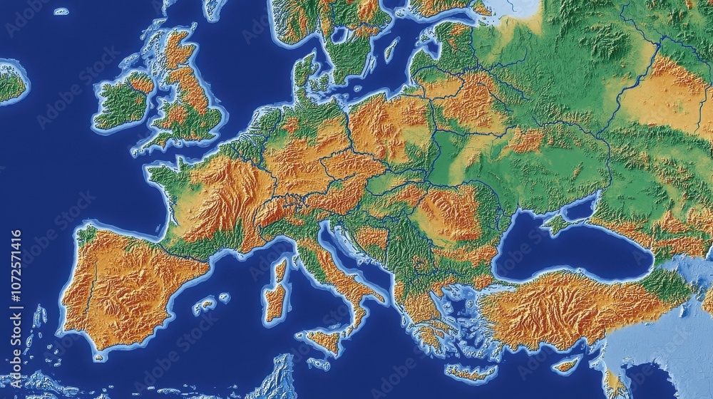 Geographic map of Europe showing physical features Stock Illustration ...