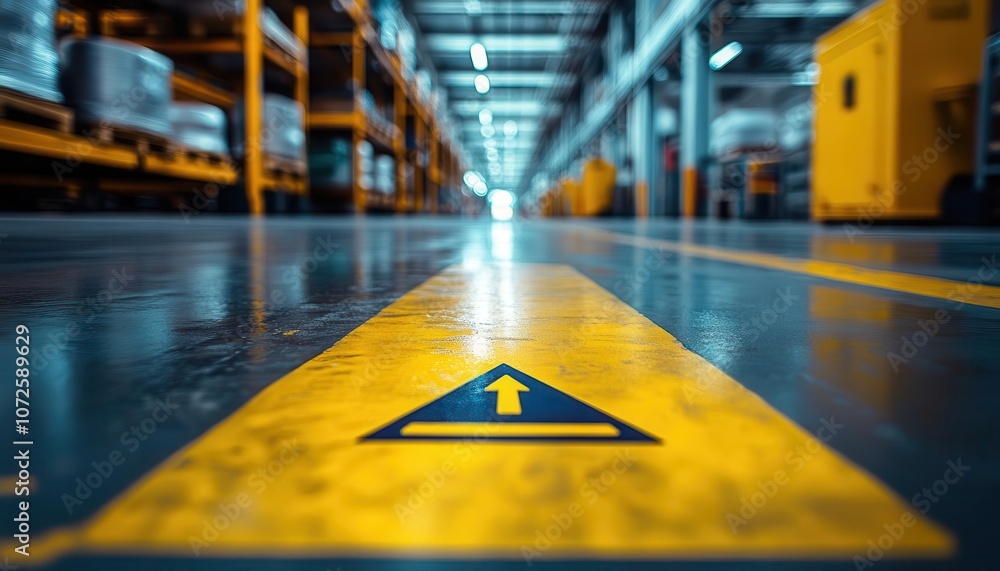 A photograph of safety signs and markings on a warehouse floor ...