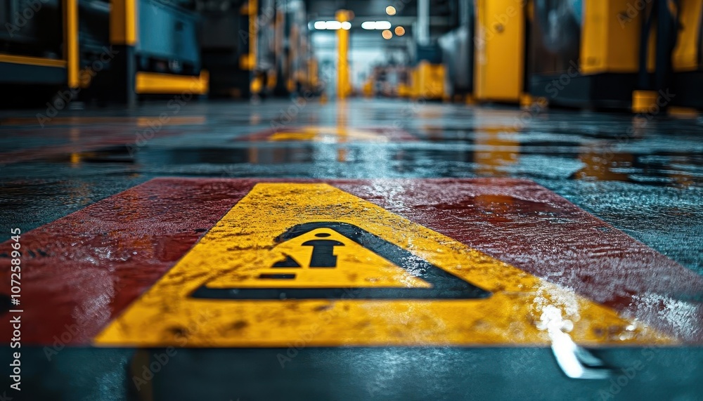 A photograph of safety signs and markings on a warehouse floor ...