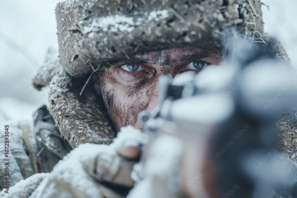 Winter arctic mountains warfare. Action in cold conditions. Sniper and ...