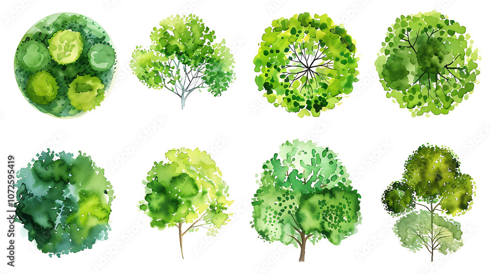 Set of abstract watercolor green tree top view isolated on white ...