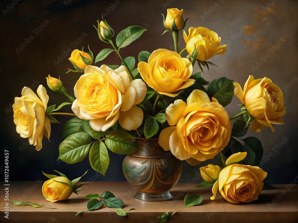 Black Oil Painting Depicting the Rise of Yellow Roses from Wild Origins ...