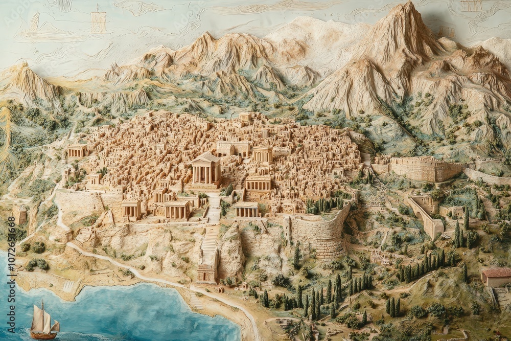 Artistic Map of Ancient Greek City-States with Detailed Depiction of ...