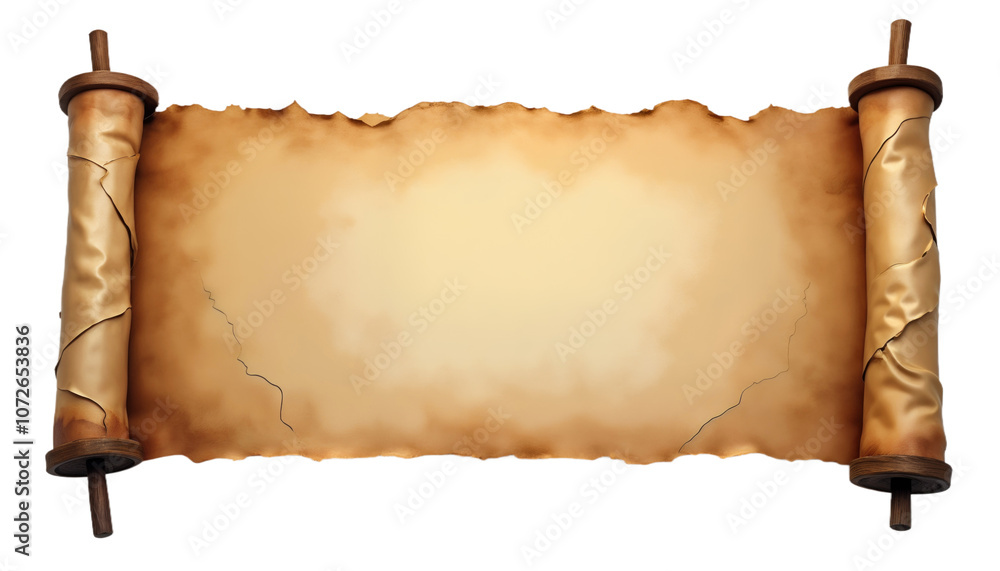 Old paper scroll with brown wooden rollers on edges. Ancient parchment ...